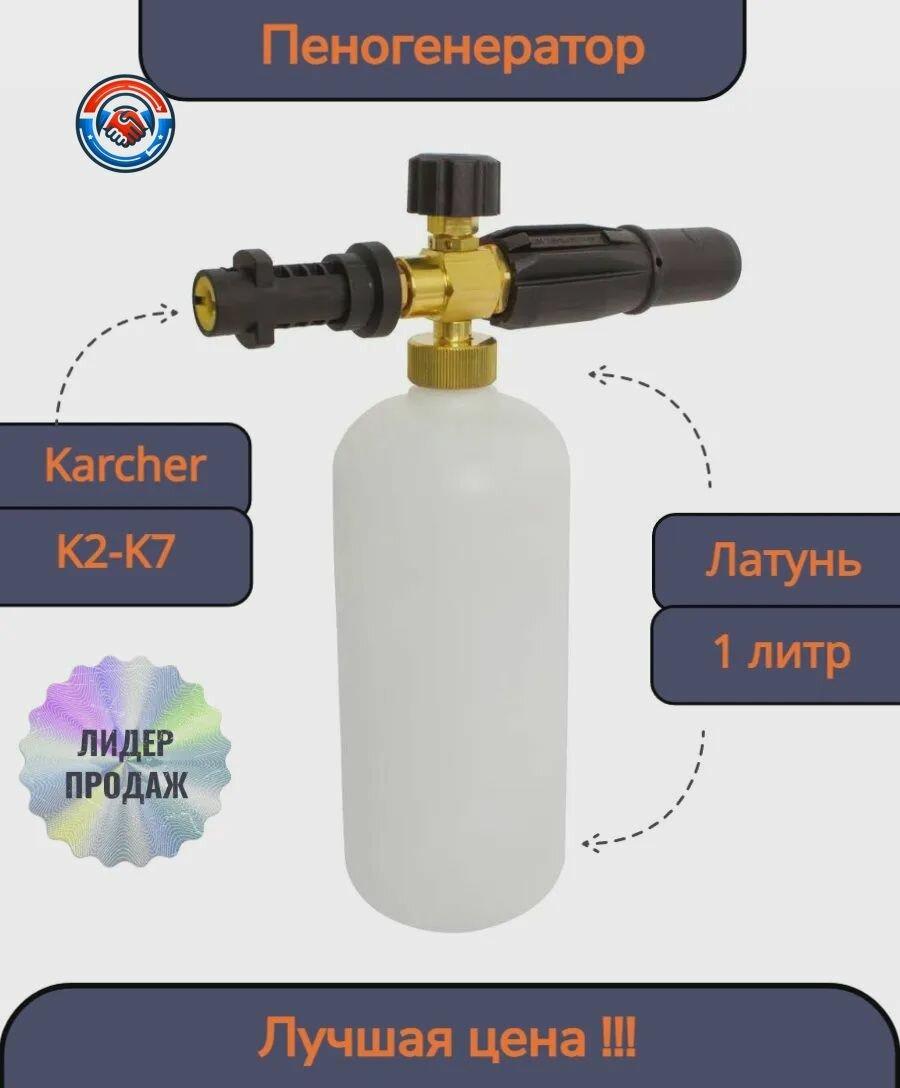 Пенная насадка PREMIUM для минимоек Karcher, 1 л, пеногенератор с бронзовым корпусом, экономия автохимии, плотная пена для бережной мойки
