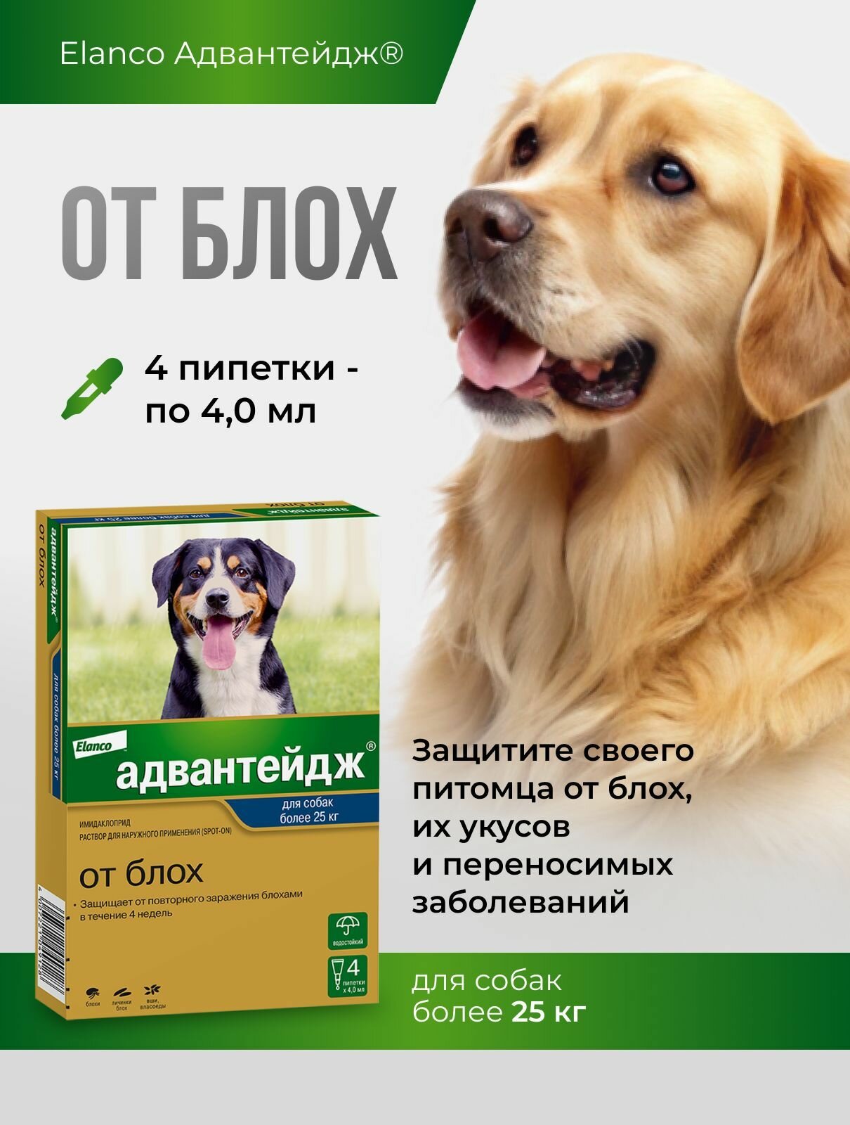 Адвантейдж для собак массой более 25 кг, 4 пип Капли на холку от блох
