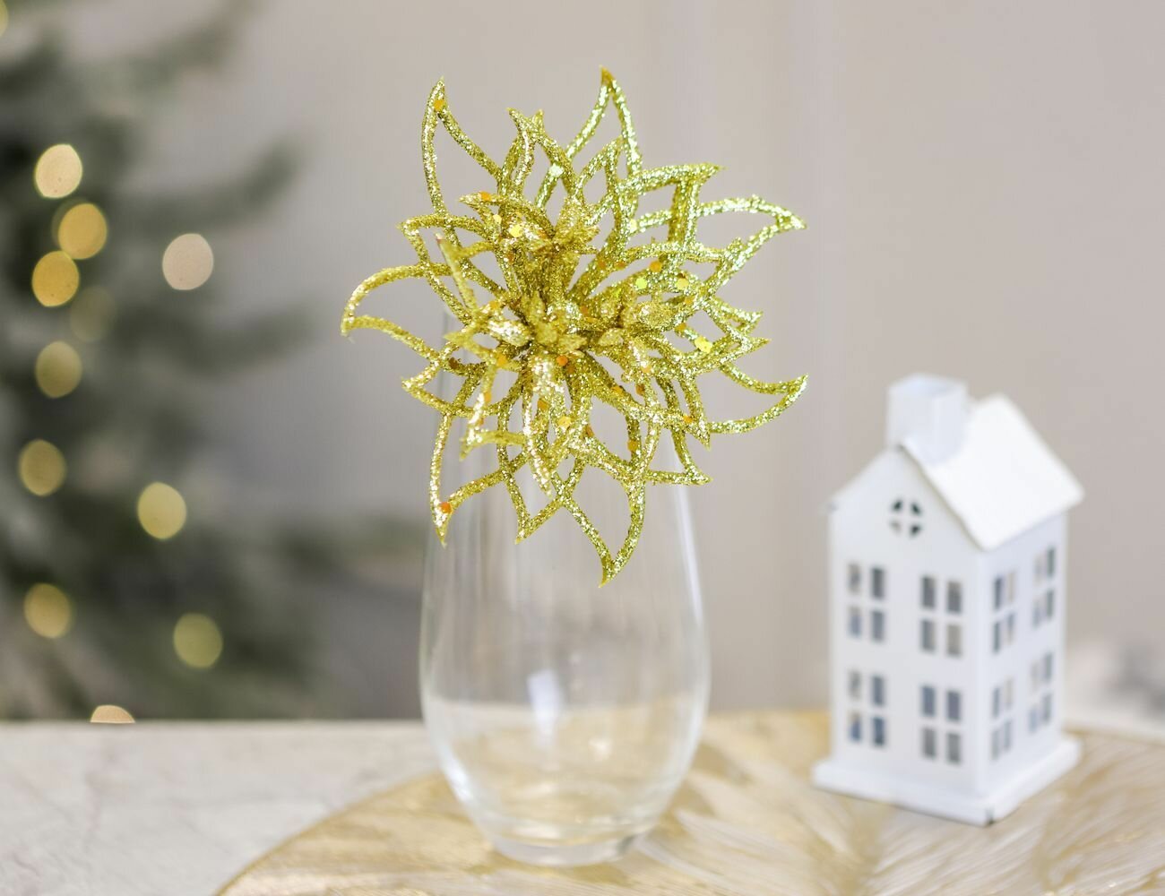 Пуансеттия лучистая на клипсе, золотая, 14х5 см, Kaemingk 629326