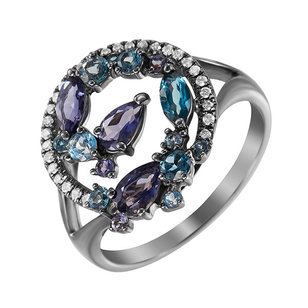 Кольцо, золото, 585 проба, топаз, иолит, бриллиант