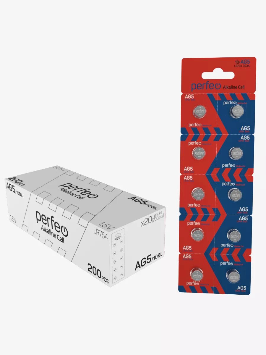 Батарейки Perfeo LR754 (AG5, 393A) Alkaline Cell, 200шт(20x10шт), 1.5V
