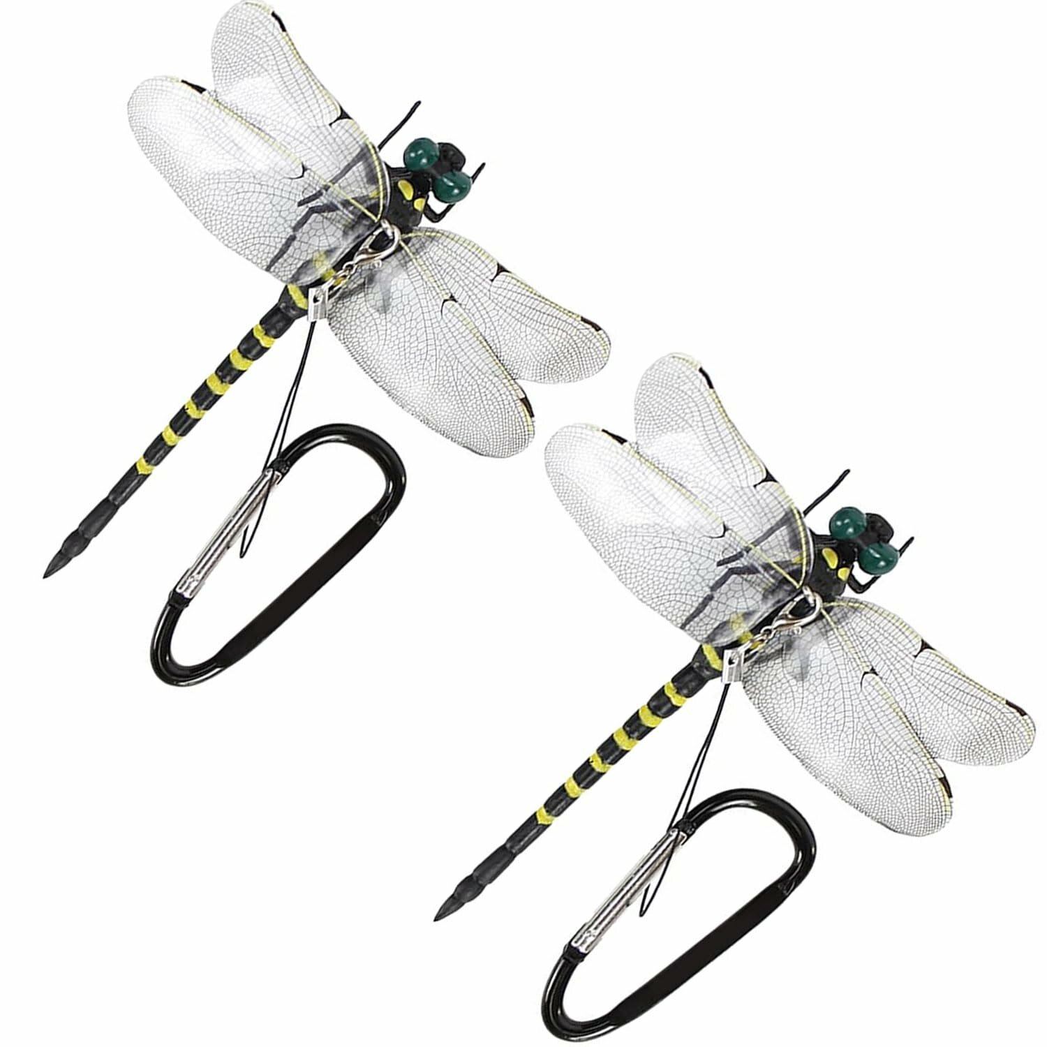 Модель большого стрекоза для отпугивания комаров, черный цвет, материал ПВХ и алюминий, размер 11.4 x 10.5 см, в комплект входят 2 клипа для шапок и 2 крючка, для использования на открытом воздухе