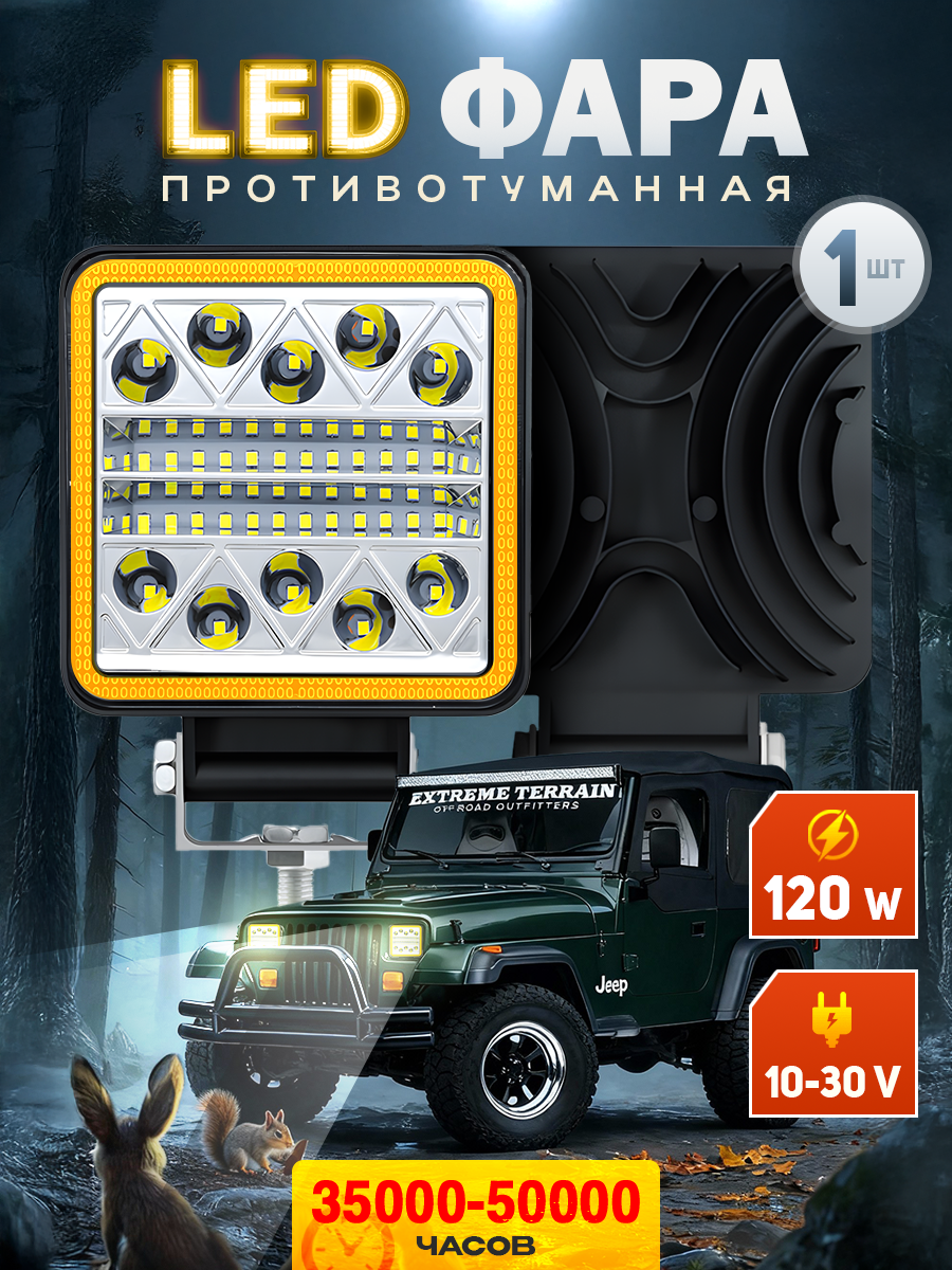 Фара светодиодная противотуманная и рабочего света, 12-80V, 120W (105х105мм, 40 LED, с желтой подсветкой 5W)