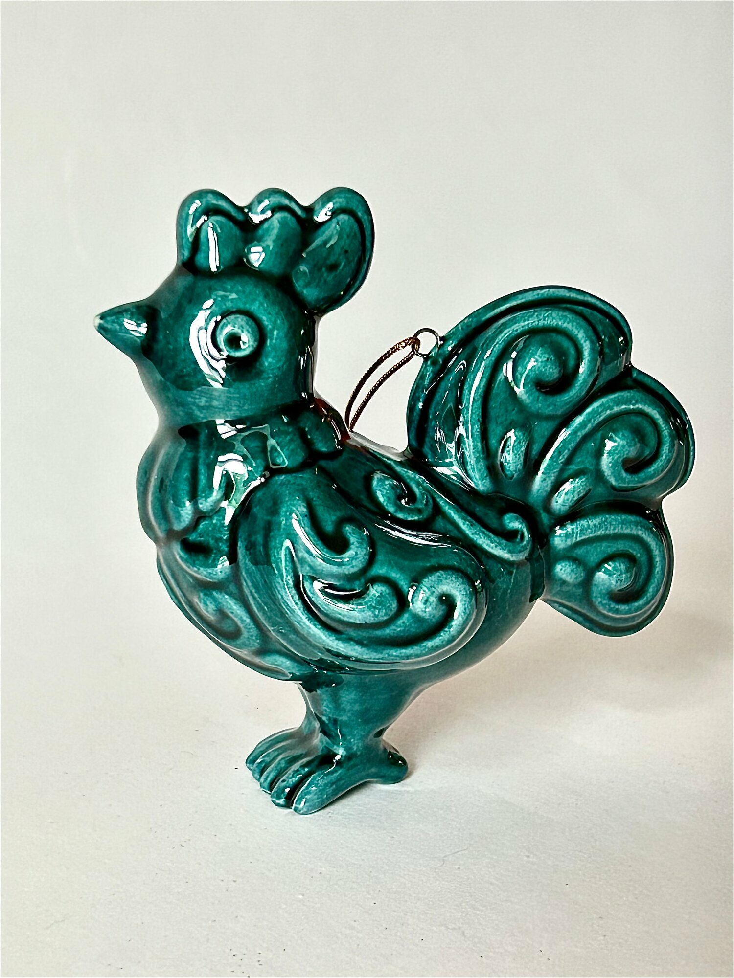 Елочная игрушка Петушок бирюзовый, Майолика, глазурь, керамика, 10х10 см