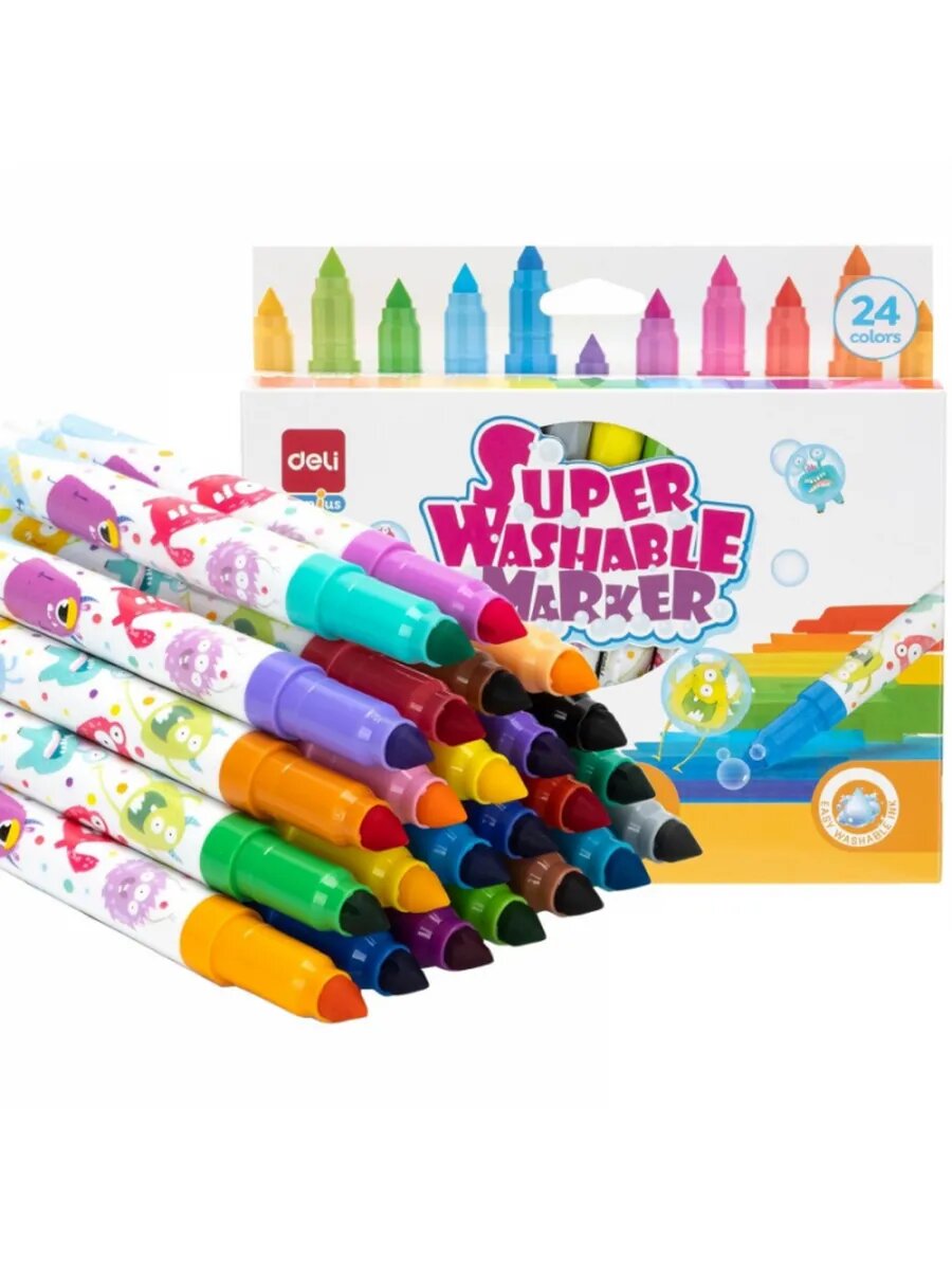 Фломастеры Deli, смываемые, пулевидный наконечник, наб 24 шт, EC155-24