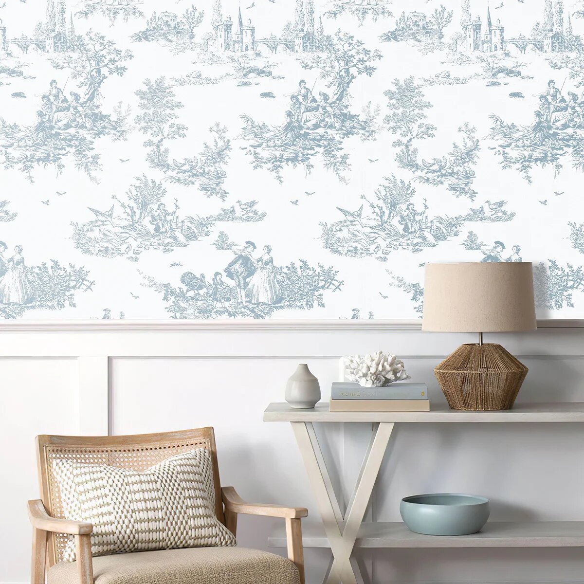 Светло-голубые самоклеящиеся обои Toile de Jouy 44x1000 см