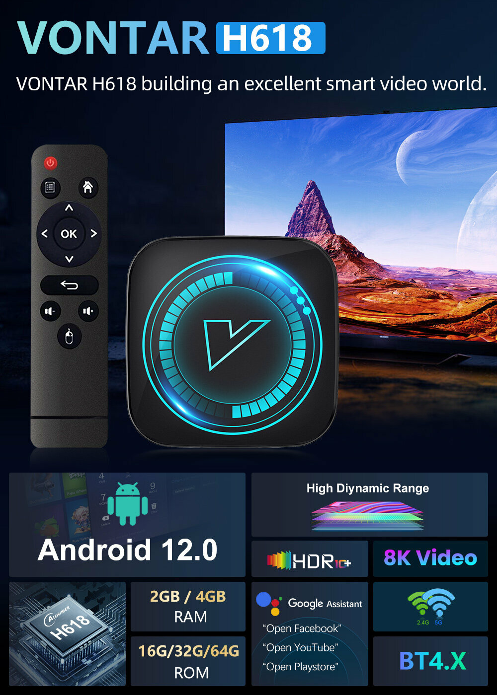 ТВ-Приставка VONTAR H618 Андроид 12 Allwinner H618 Quad Core Cortex A53 Поддержка 8K Video 4K HDR BT4.0 С Двойным Wi-Fi 4Гб 64Гб