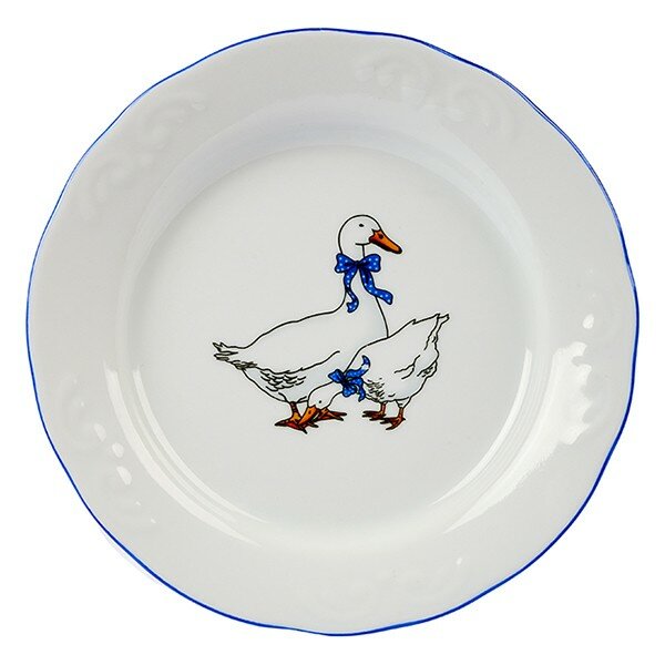 Тарелка «Надежда» Гуси мелкая, фарфор, 200 мм, белый, синий (Добрушский фарфоровый завод)