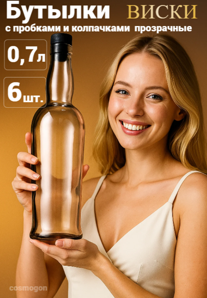 Стеклянная бутылка 0.7 л "Виски" с пробкой и колпачком 6 штук