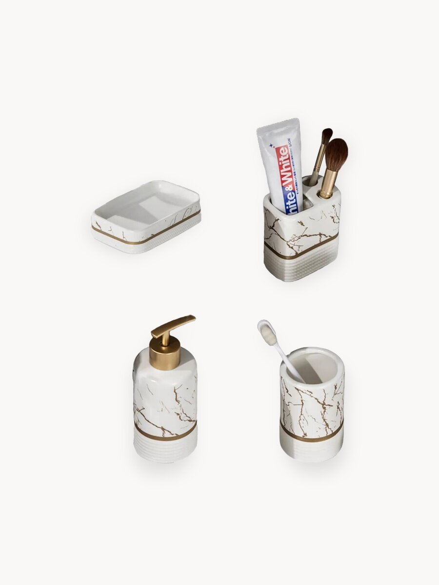 Набор аксессуаров для ванной "PRIMBERY", керамика/пластик, бело-золотистый, 4 элемента