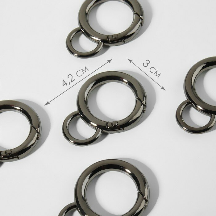 Кольцо-карабин, 37 мм, d=42/30 мм, толщина-4 мм, с креплением 20×5 мм, 5 шт, цвет чёрный никель
