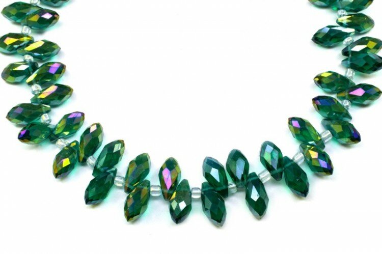 Бусина стеклянная граненая Капля 12х6мм, цвет изумрудный, прозрачная, гальваническое покрытие, 503-058, 5шт