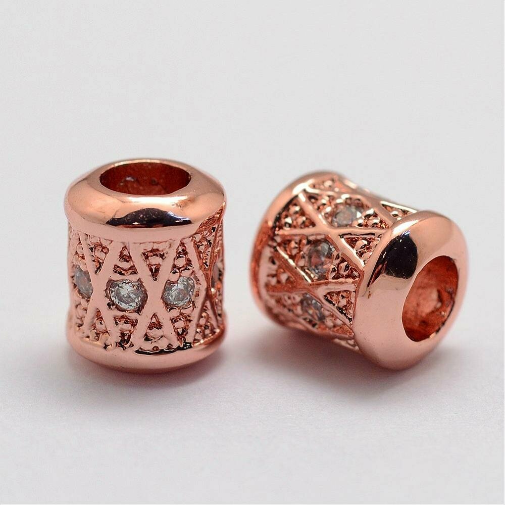 Бусина металлическая 7.5х6.5мм, Milano, Цилиндр с геометрическим узором, с фианитами, базовый материал - латунь, под розовое золото, 1 шт.
