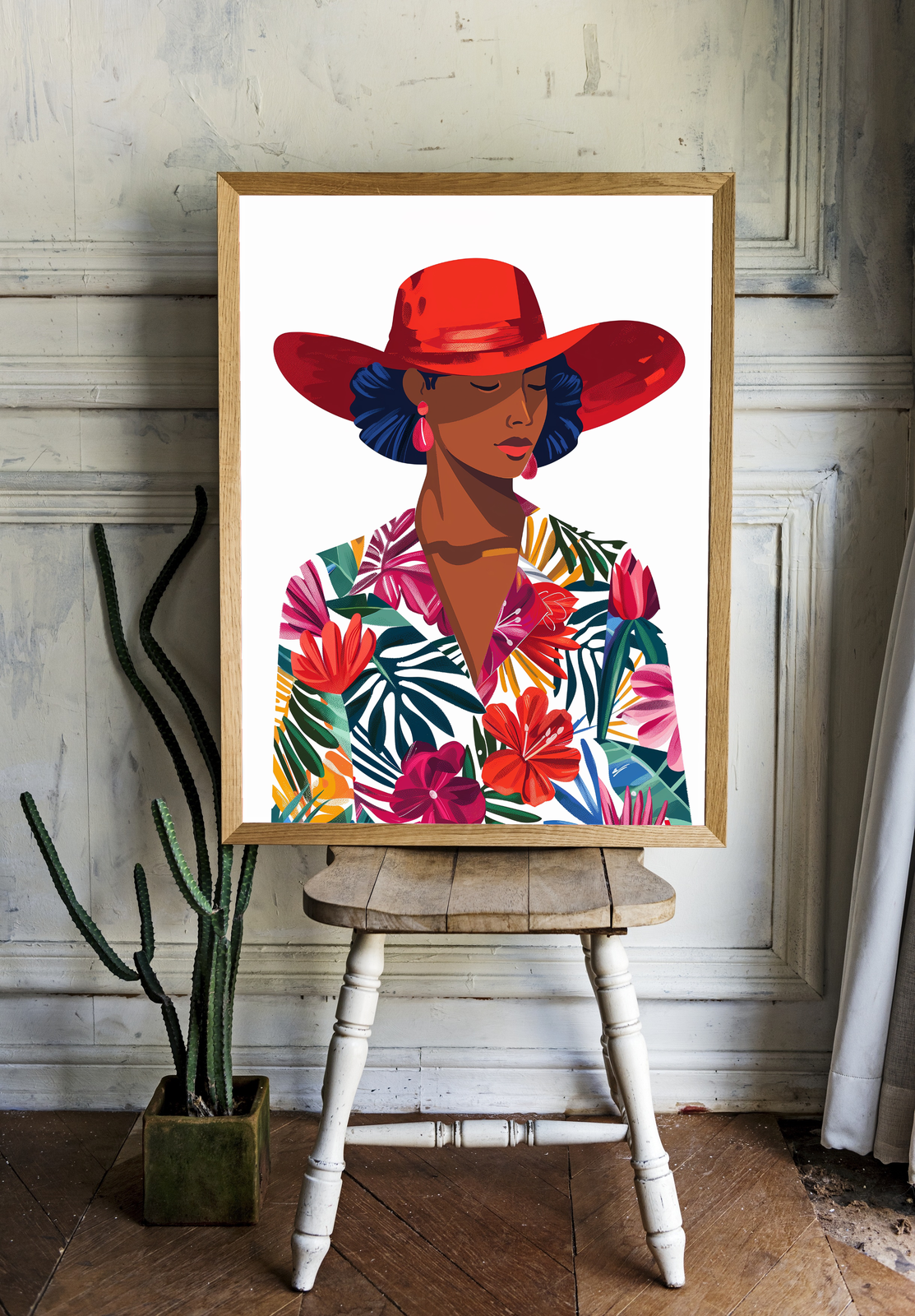 Постер "Женщина в красной шляпе" 50x70 в раме