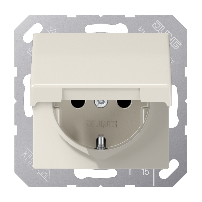 Розетка с заземлением Jung AS, с защитными шторками, на клеммах, с крышкой, ip20, слоновая кость