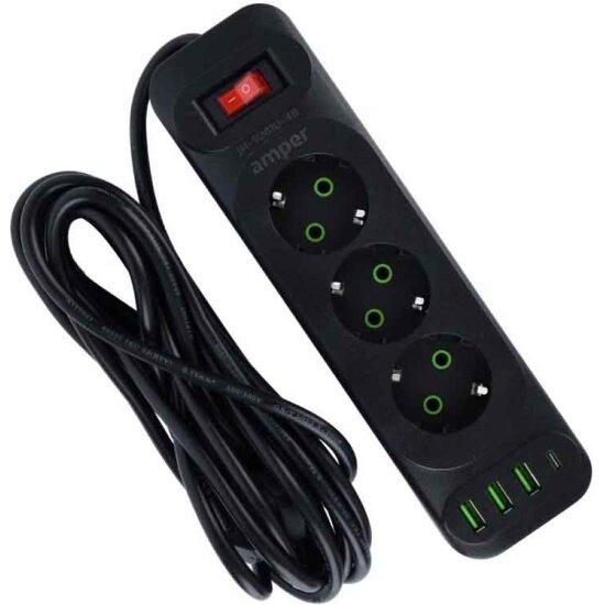 Сетевой удлинитель с USB Amper JH-1081U-4B 3 розетки, 3usb, 1Type-C, 2500 Вт, 10А, 4,0м, черный.