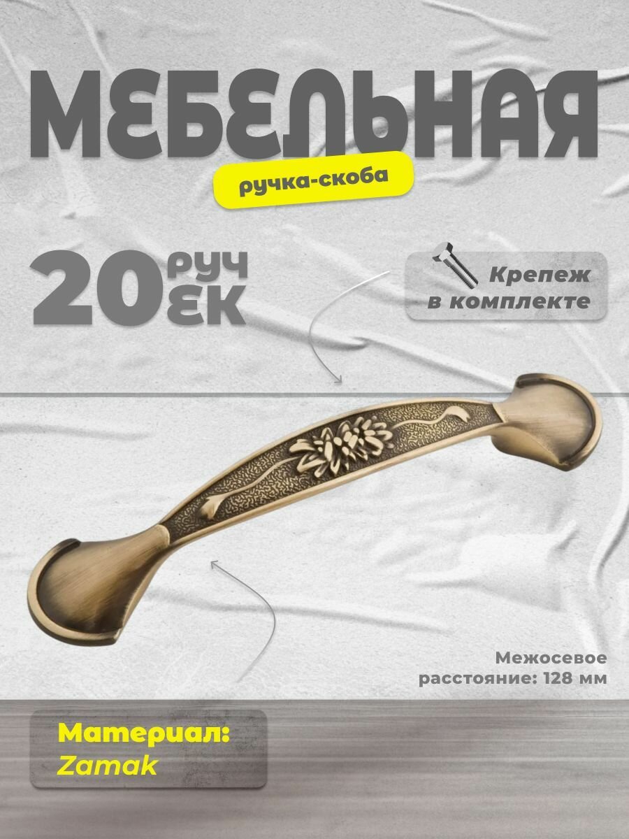 Ручка-скоба мебельная BRANTE 06 BА 128 мм бронза, комплект 20 шт, ручка для шкафов и комодов, для кухонного гарнитура, для мебели