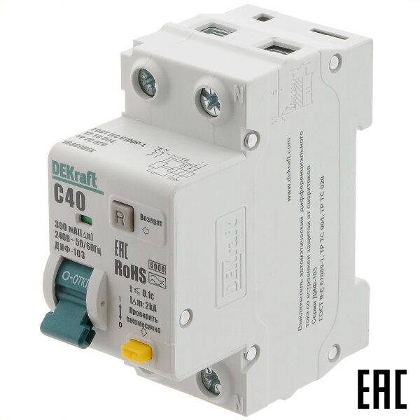 Дифф. автомат ДИФ103 16369DEK тип А 40А-300мА 230В 1P+N 2мод. 6,0кА х-ка С DEKraft