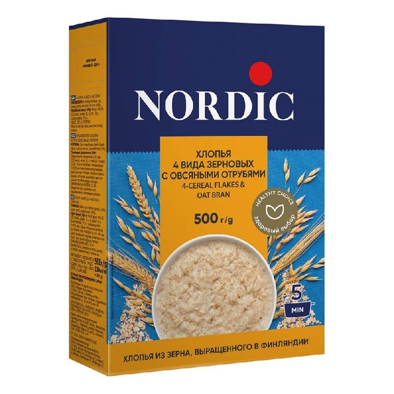 Хлопья NORDIC 4-CEREAL FLAKES & OAT BRAN 4 вида зерновых с овсяными отрубями /картон/ 500г