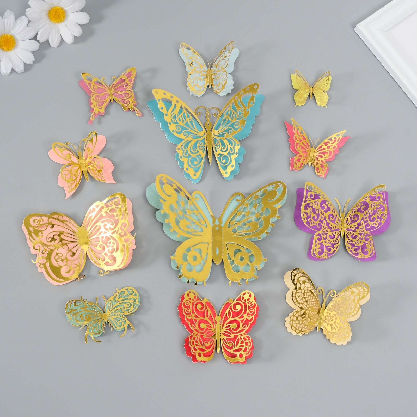 Набор магнитов на холодильник «Бабочки нежные расцветки», 12 шт, картон, двойные крылья, h=4-10 см