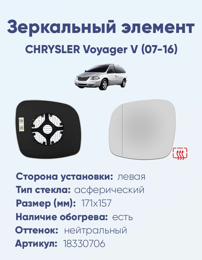 Зеркальный элемент левый CHRYSLER Voyager V (07-16) асферика нейтральный с обогревом