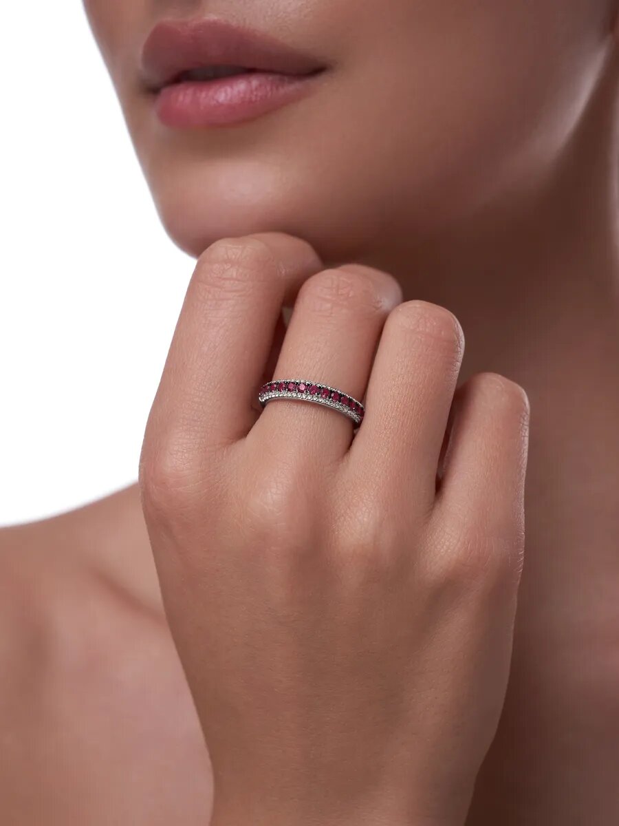 Кольцо тонкое, дорожка, серебро, 925 проба, родирование, фианит