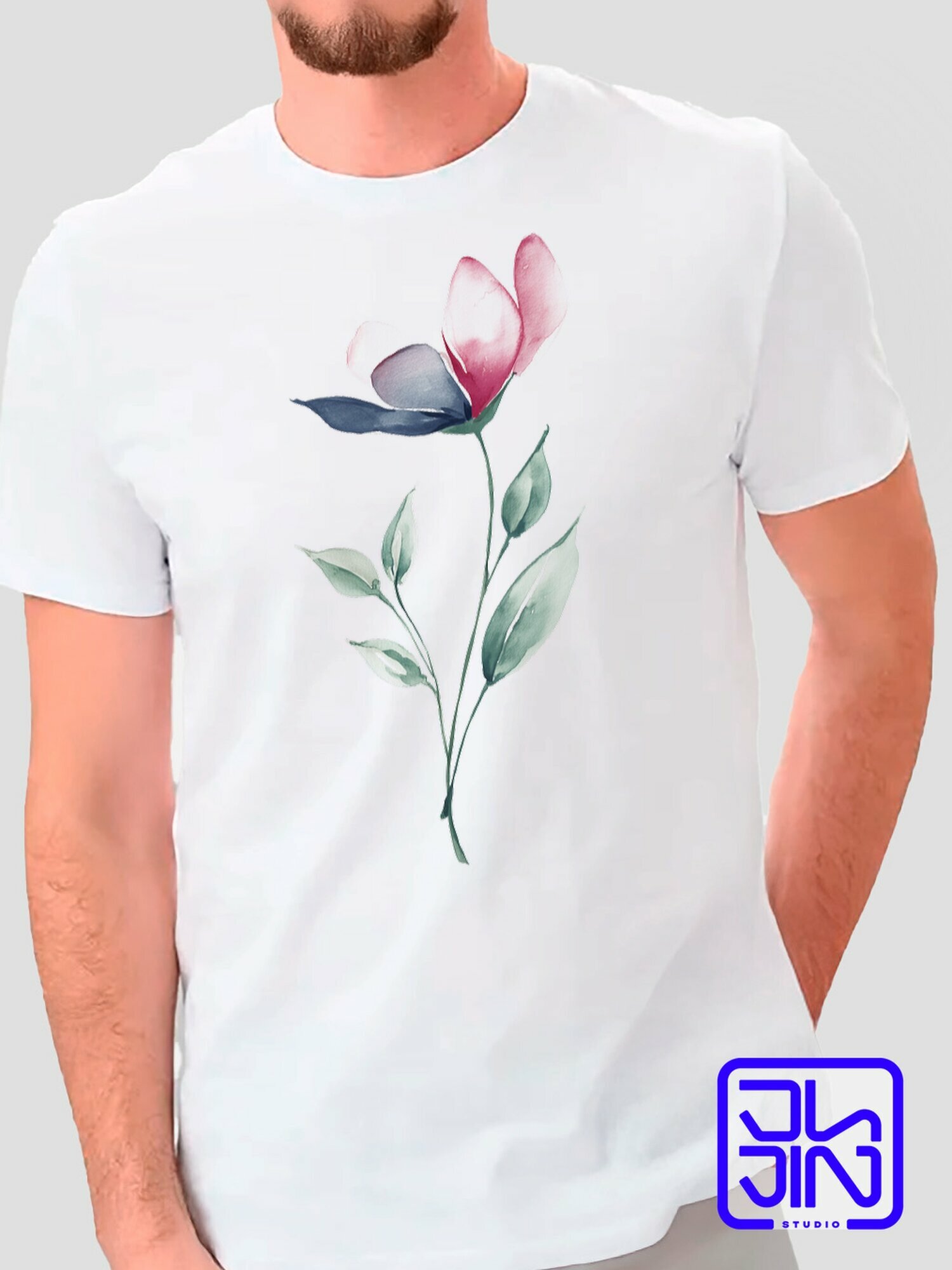 Футболка классическая мужская с авторским принтом Нежно розовый цветок на ветке с зелеными листьями, цветочные мотивы природы, белый хлопковый трикотаж с прикольным рисунком на груди