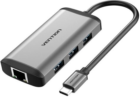 Vention Док-станция Type-C->3 порта USB3.0 + 1 порт HDMI + 1 порт LAN 1ГБит/сек. + 1 порт Type-C PD Vention CNCHB, серый (ret)