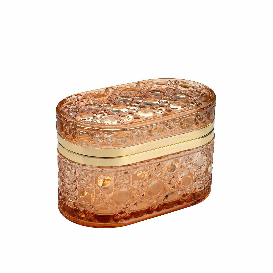 Стеклянная шкатулка Вещицы, овальная, с крышкой, оранжевая, золотистая