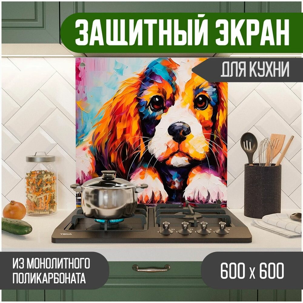 Фартук для кухни, защитный экран из акрилового стекла (поликарбонат) на кухонный фартук в зону мойки и плиты с фотопечатью. Панель на стену с рисунком Щенок 600 х 600 х 3 мм, 600-045