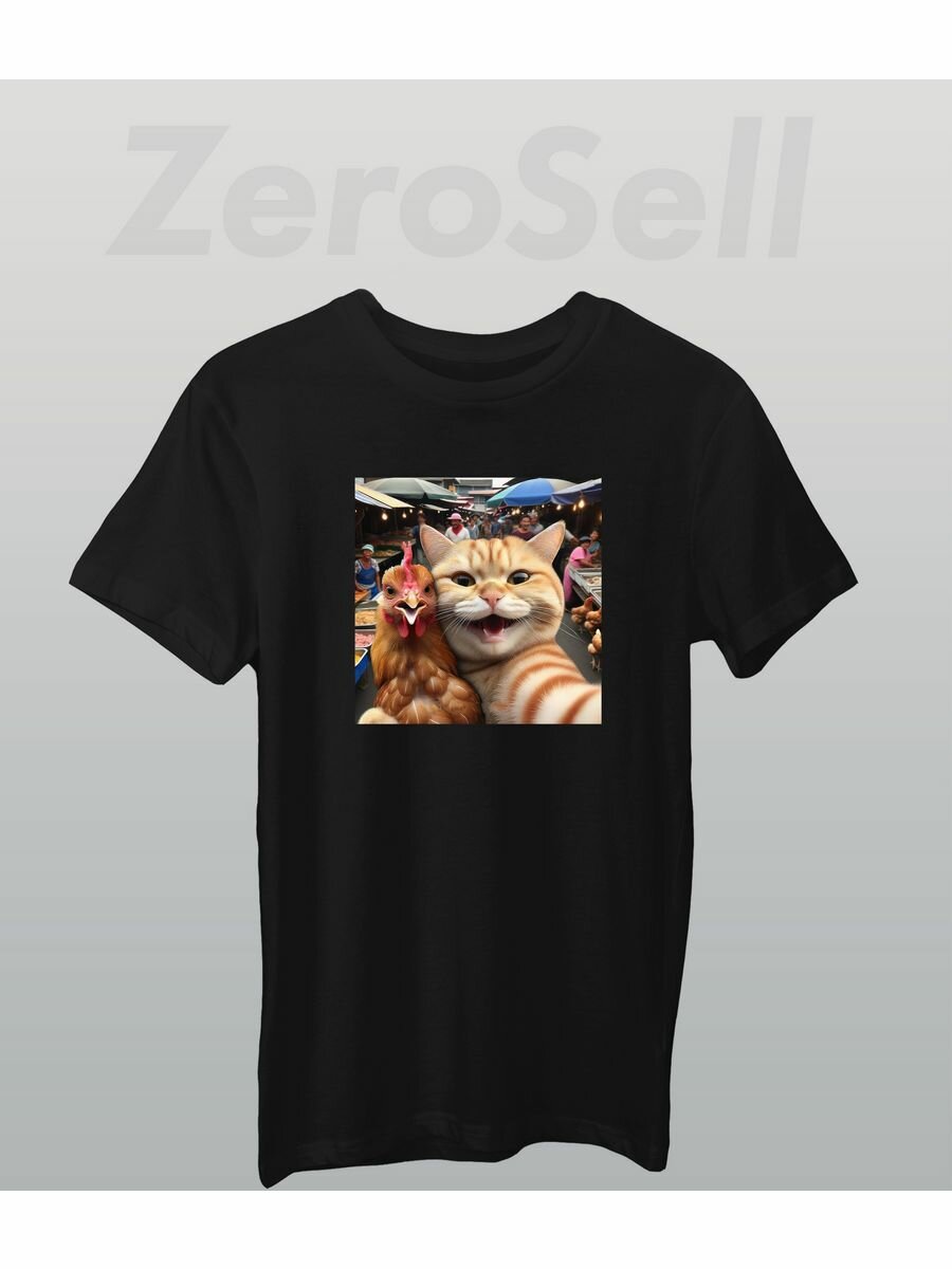 Футболка селфи кот с курицей