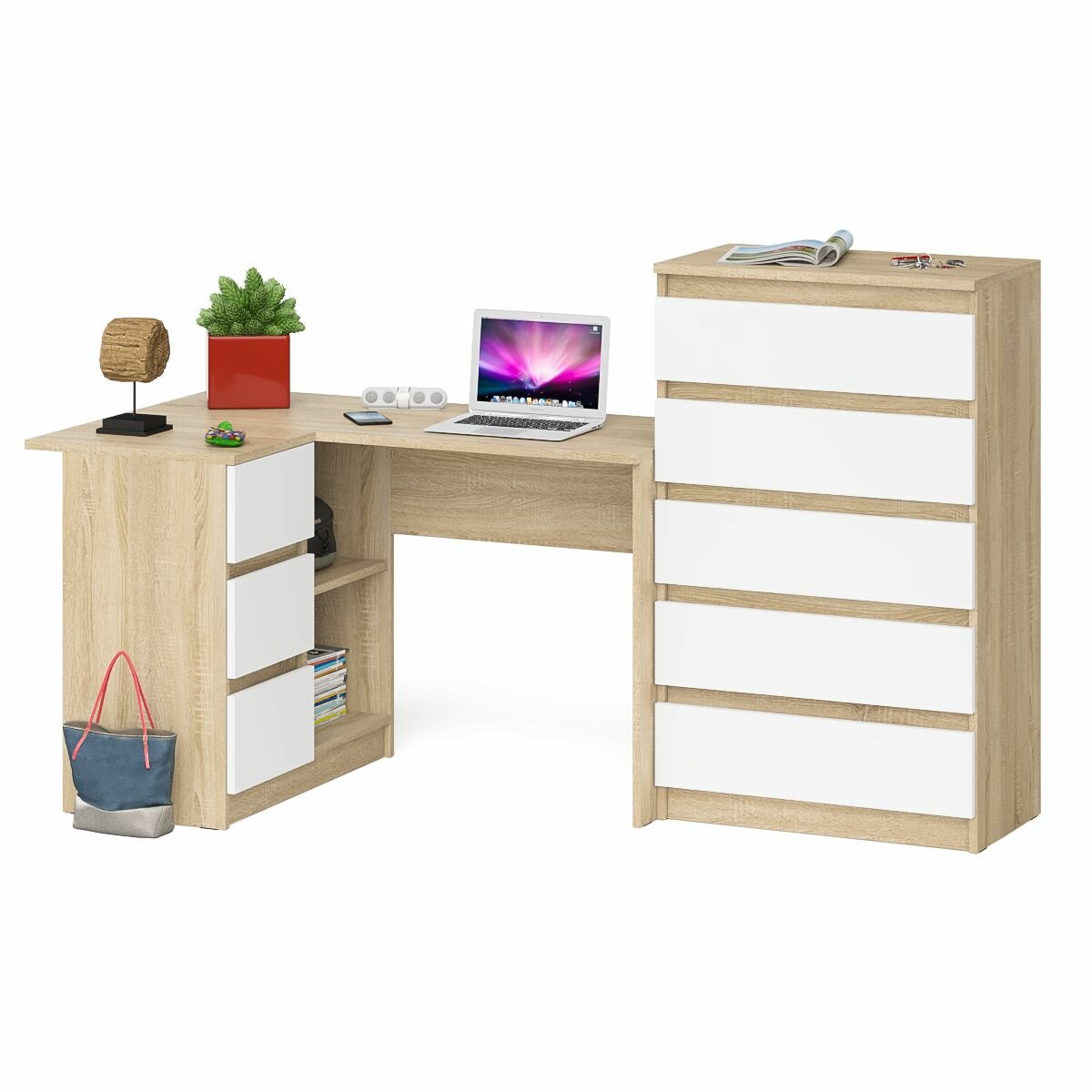 Угловой компьютерный стол для дома 195см дуб сонома/белый Спасибо-Мебель