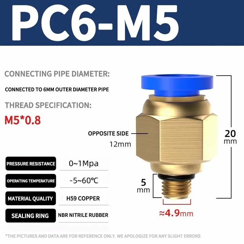 Комбинированный латунный соединитель, фитинг 6 мм, M5