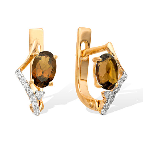 Серьги, золото, 585 проба, раухтопаз, фианит