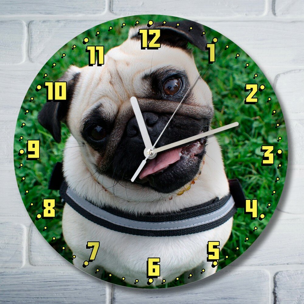 Настенные часы УФ "Животные Щенок ( Собака, цветы, мопс, милота, Подарок для мамы, бабушки сестры, подруге) - 9164"