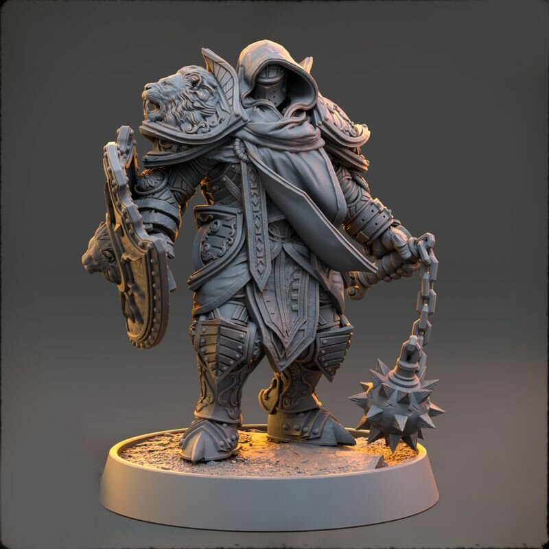 Страж со щитом и цепом (40мм). Воин, паладин, варвар, файтер, рыцарь миниатюра для DnD (ДнД) и других Настольных игр (НРИ, Варгеймов или РПГ), фентези тематика