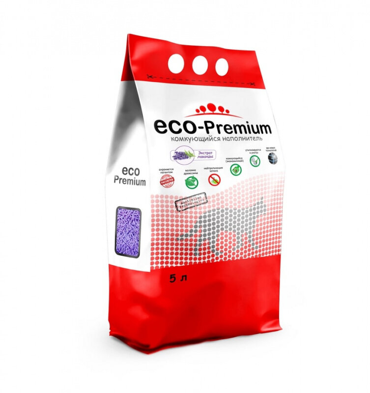 Наполнитель Eco-Premium древесный комкующийся с ароматом лаванды, 5 л