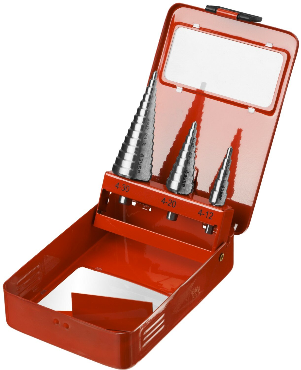 Набор ступенчатых сверл ЗУБР, 4-30 мм, сталь Р4М2, 3 шт