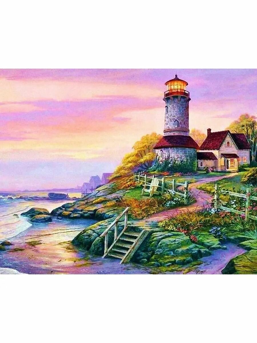 Алмазная мозаика на подрамнике 40х50 полная выкладка Старый маяк на берегу