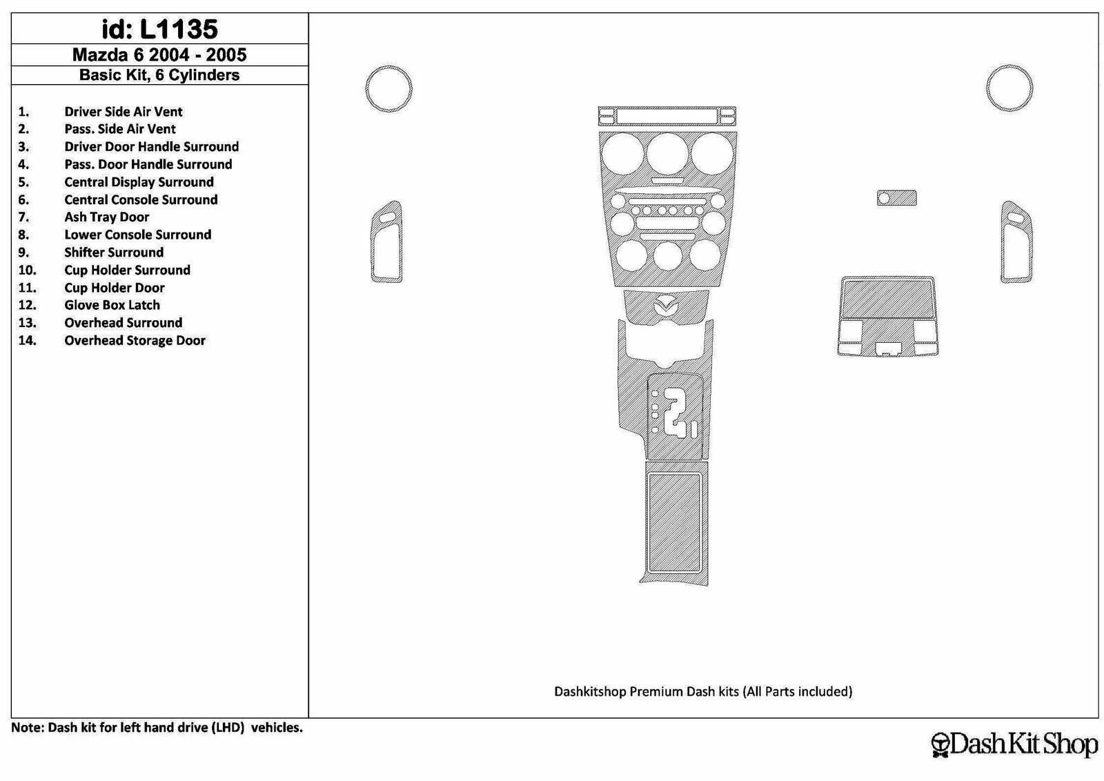 Накладки салона под дерево, карбон, алюминий для Mazda Mazda6 2004-2005. Комплект L1135.