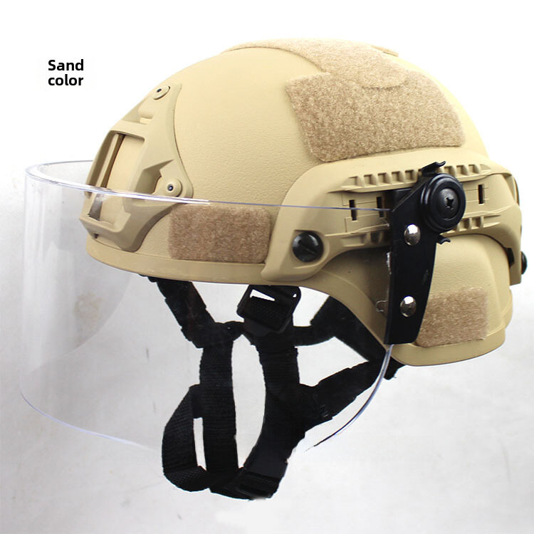 Шлем MICH2000 Action Edition с прозрачной антивоенной защитной маской, тактический патрульный шлем CS для защиты лица от ударов (шлем песочного цвета, стандартная антивоенная маска, универсальный размер)