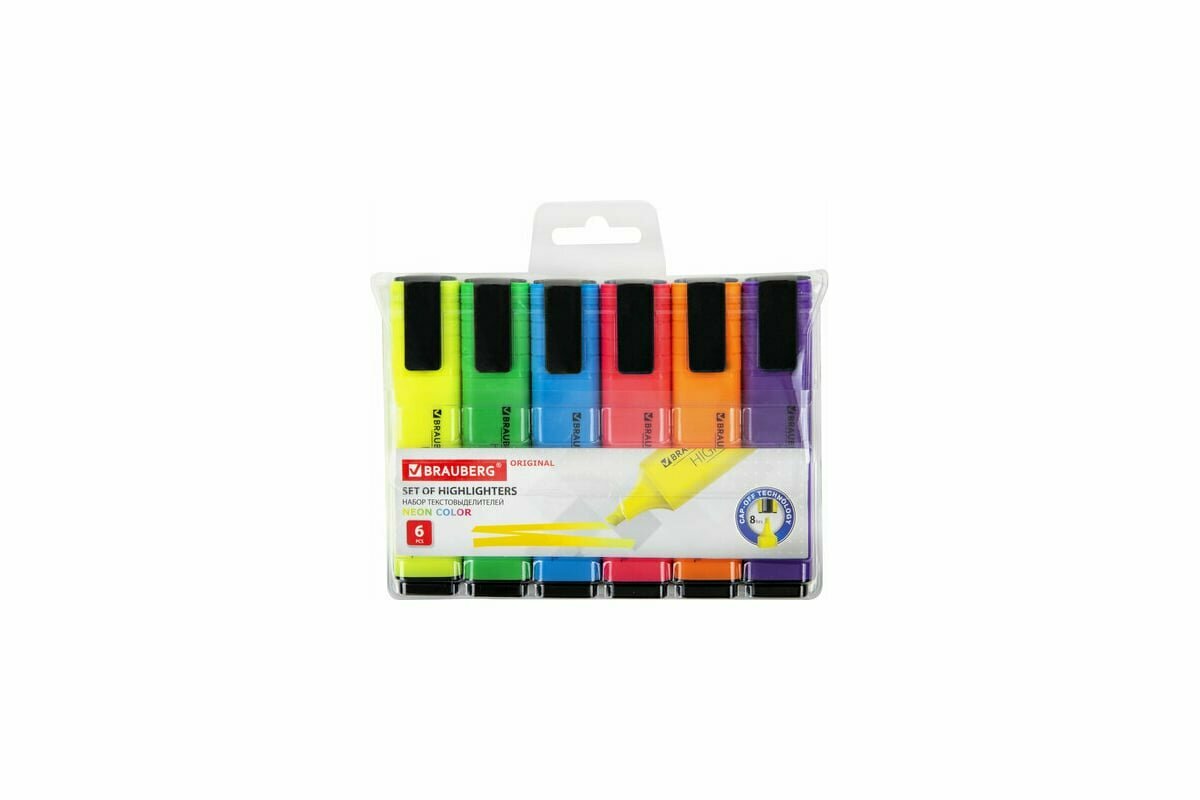 BRAUBERG Набор текстовыделителей 6 цветов,"ORIGINAL NEON", линия 1-5 мм, 152216