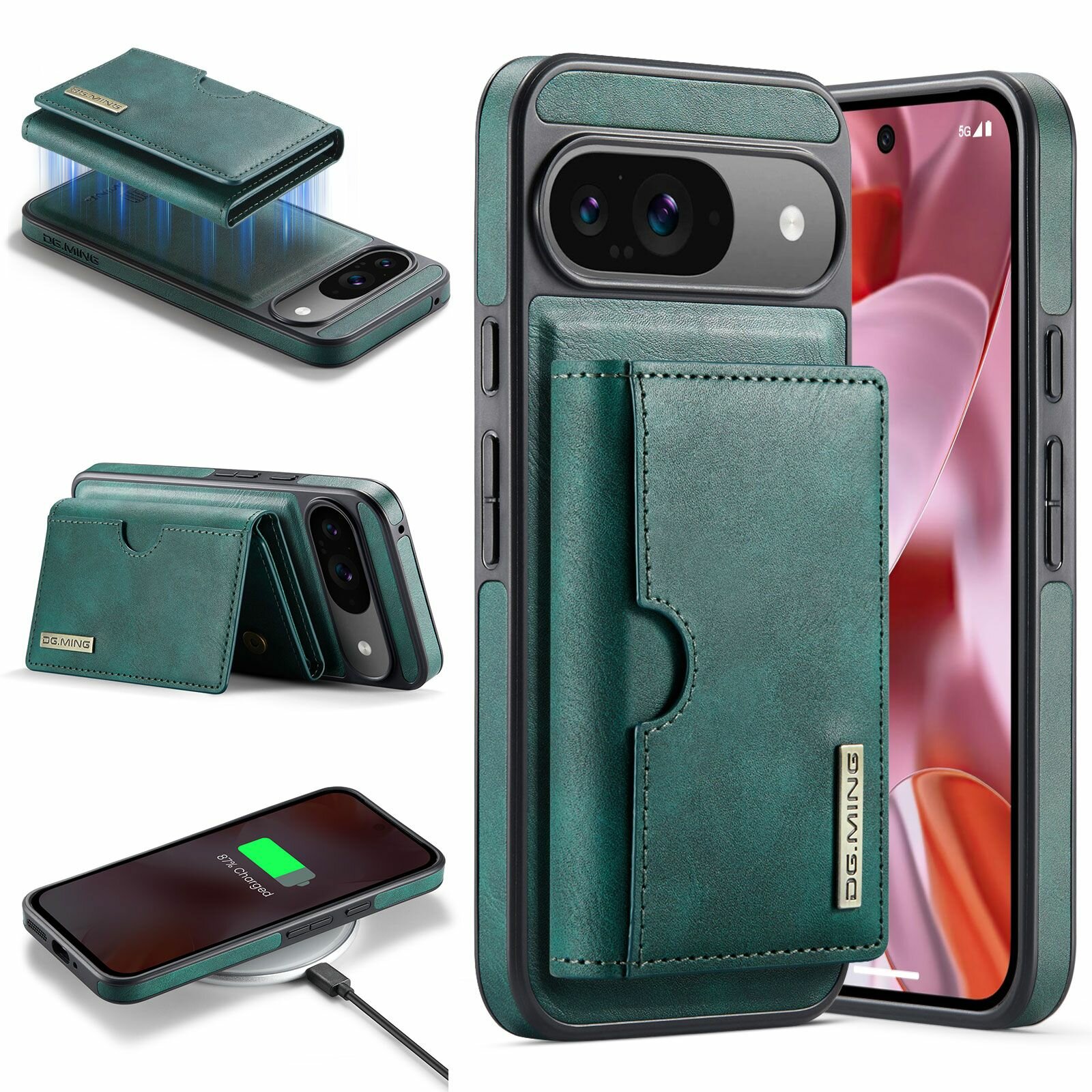 DG.MING Роскошный кожаный чехол для Google Pixel 9/9 Pro/ Гугл Пиксель 9/9 Про магнитный держатель для карт, кожаный чехол-кошелек 2 в 1, съемный / беспроводная зарядка / блокировка RFID