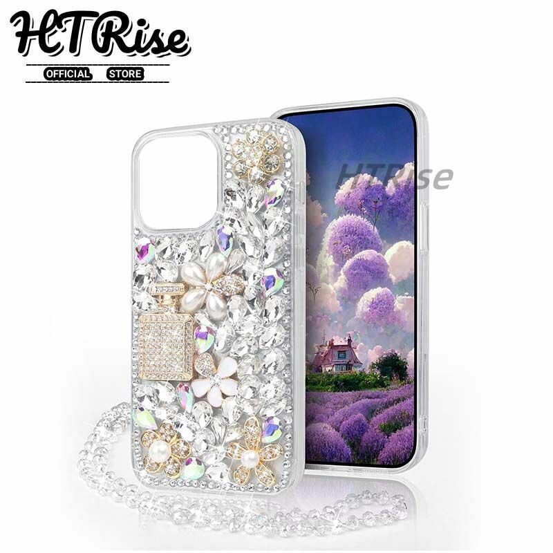 Чехол для Xiaomi Poco X6 Pro 5G( Ксяоми Поко X6 про 5G ), Luxury 3D с бриллиантовым кристаллом, блестящим флаконом духов и цветочным чехлом для телефона, блестящей цепочкой и ремешком-шнурком