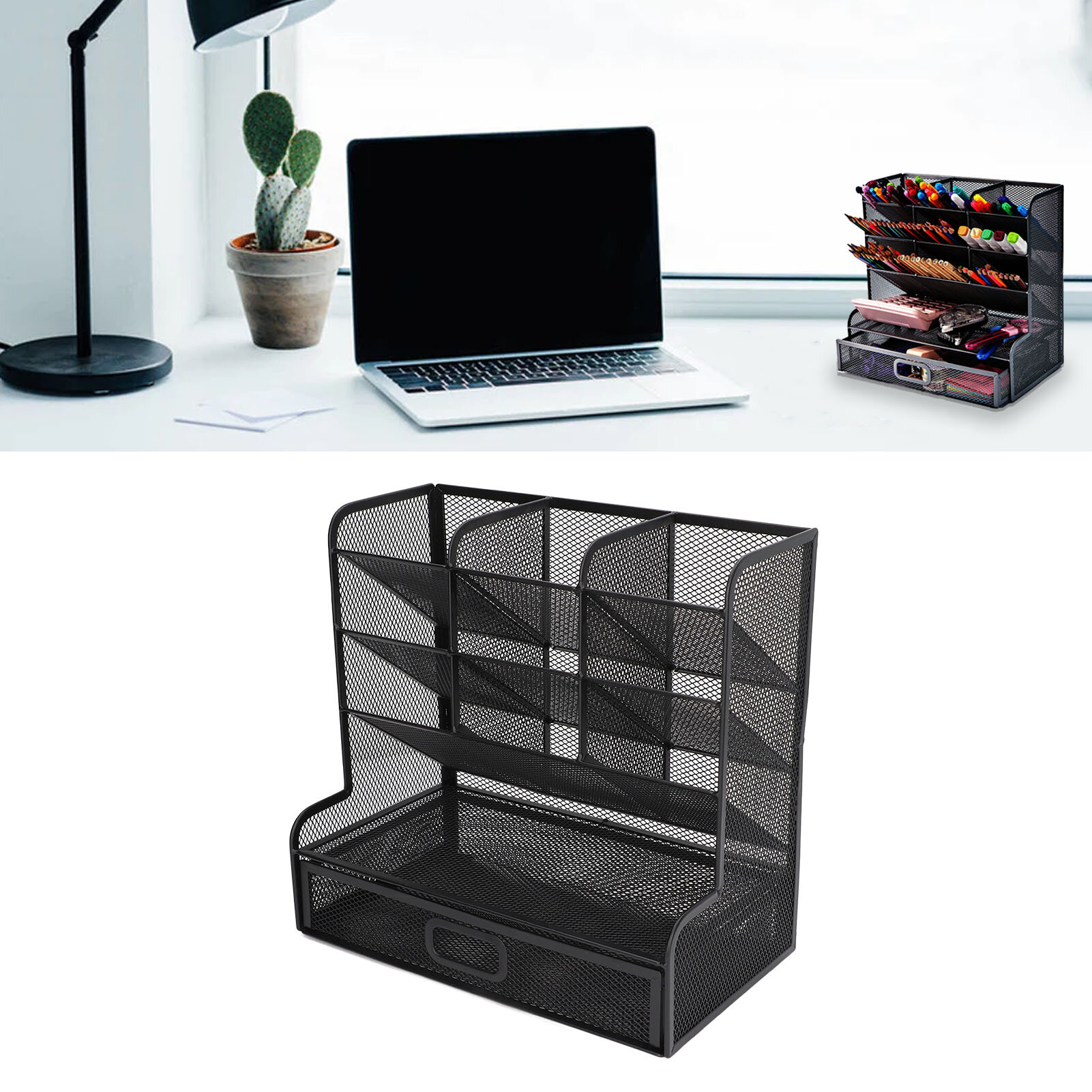 Мешковый органайзер для ручек с наклоном 45°, 10 отсеков, нижний ящик, черный, вертикальная конструкция, пенал из металлической сетки, размер 26 x 27.2 x 15.2 см, 1 шт.