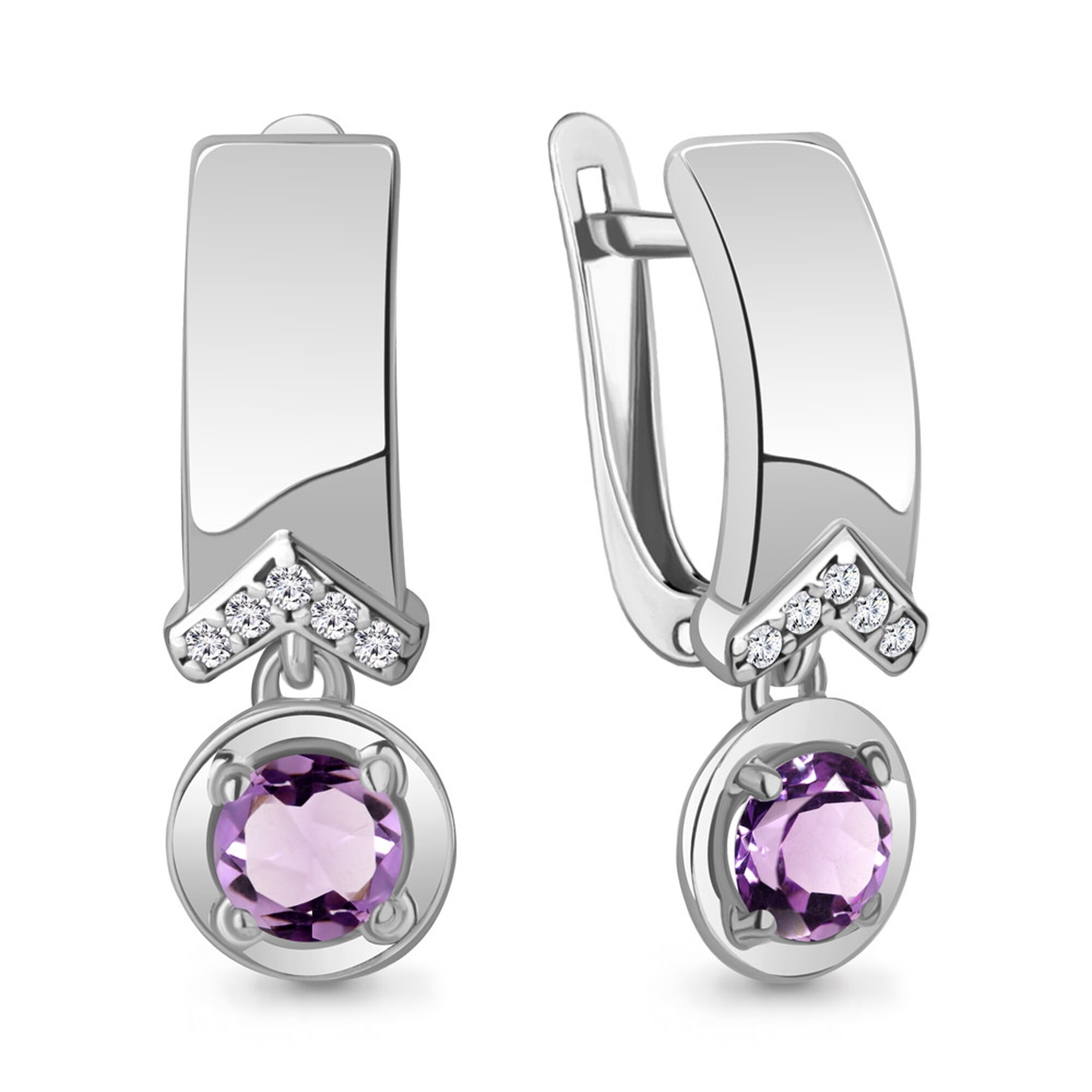 Серьги, серебро, 925 проба, родирование, аметист, фианит