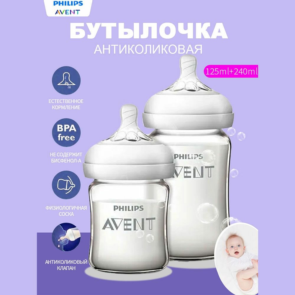 Набор бутылочек Philips Avent(0+ месяцев), 125 мл и 240 мл с антиколиковым клапаном для кормленияПростая упаковка