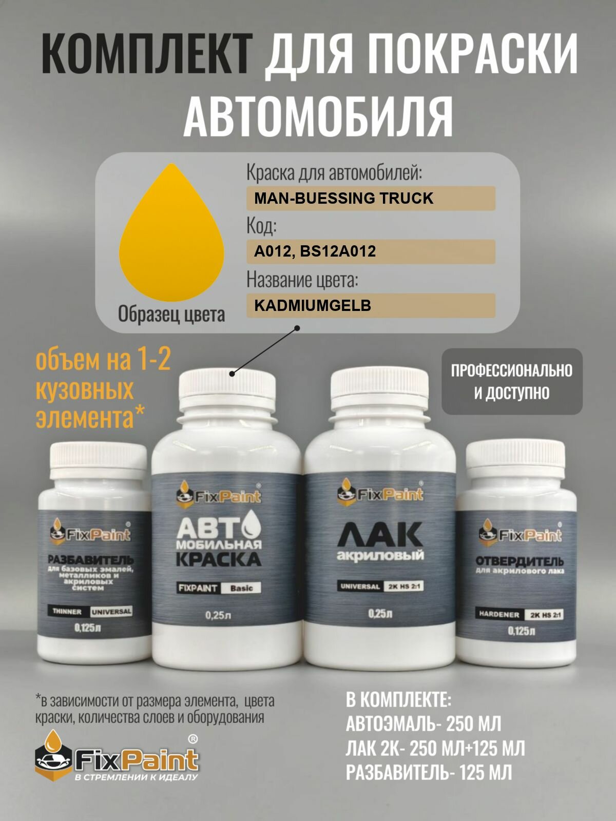 Комплект для покраски MAN-BUESSING TRUCK, код A012, BS12A012, KADMIUMGELB, базовая автомобильная краска 250 мл, лак 2K 250 мл с отвердителем, разбавитель 125 мл, FixPaint Pro