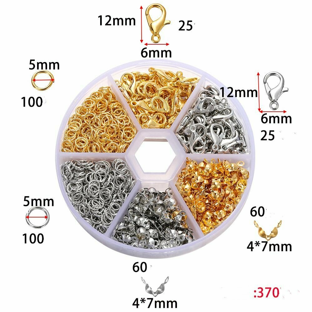 Набор фурнитуры для бижутерии DIY, золотой и родий: карабины 50 шт, каллоты 120 шт, соединительные кольца 5 мм 200 шт, застёжки и элементы для ремонта ожерелий и браслетов ручной работы