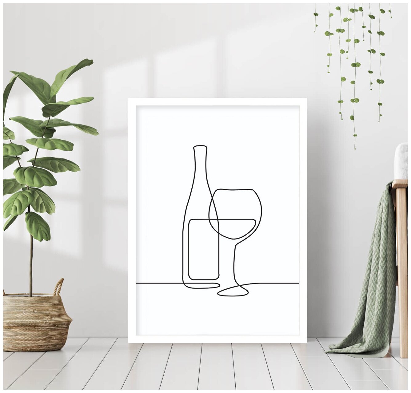 Постер "Бутылка вина и бокал, линейный рисунок" в белой рамке 40x50 см для интерьера на стену